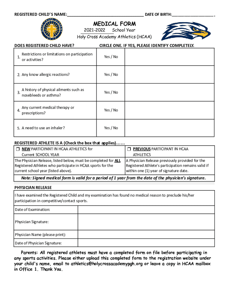 Fillable Online HCA Medical Form 2021-22 Fax Email Print - pdfFiller