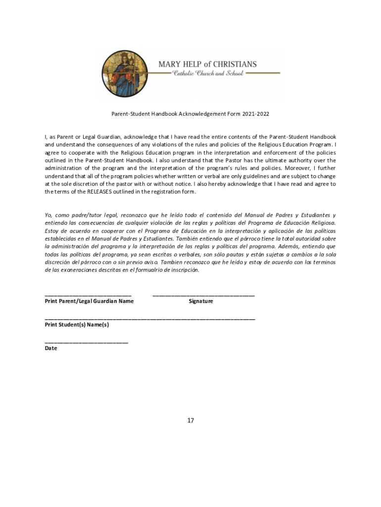 Fillable Online Parent-Student Acknowledgement Form Saint Theresa ...