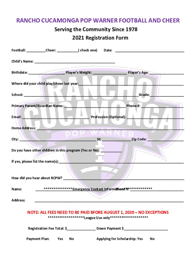 Fillable Online Rancho Cucamonga Pop Warner Football Registration Form ...
