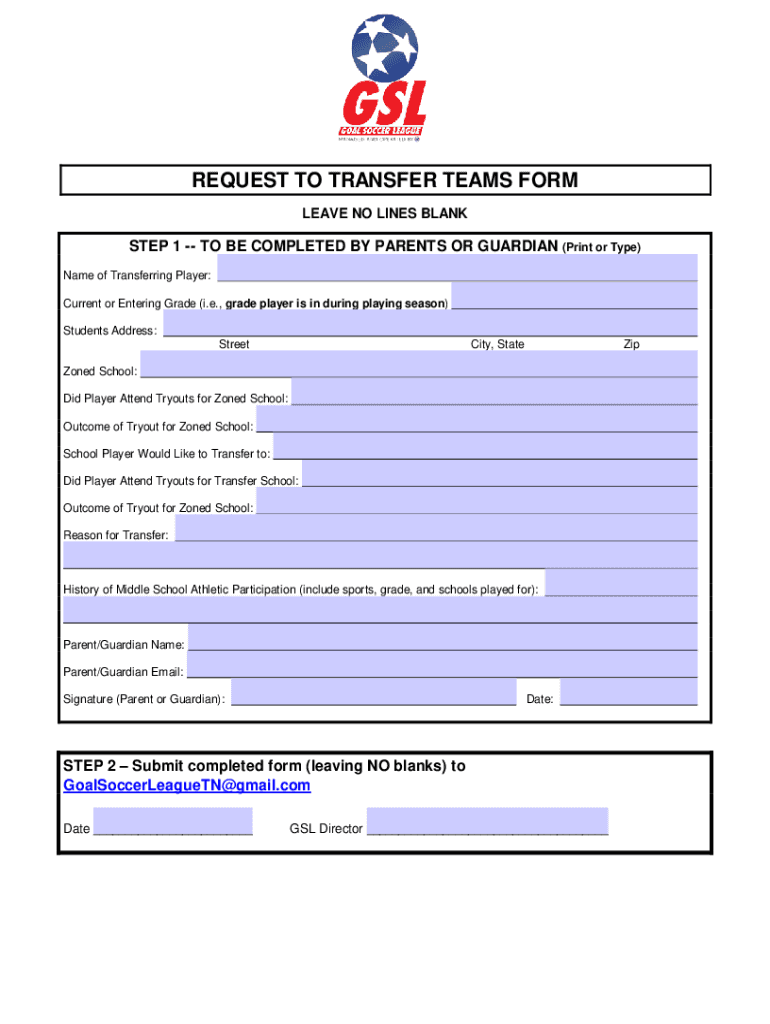 Fillable Online REQUEST TO TRANSFER TEAMS FORM Fax Email Print - pdfFiller