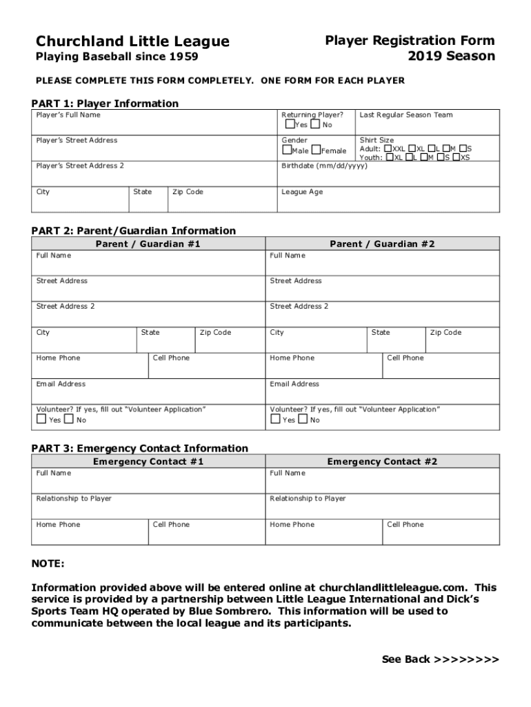 Fillable Online Churchland Little League Player Registration Form Playing ... Fax Email Print ...