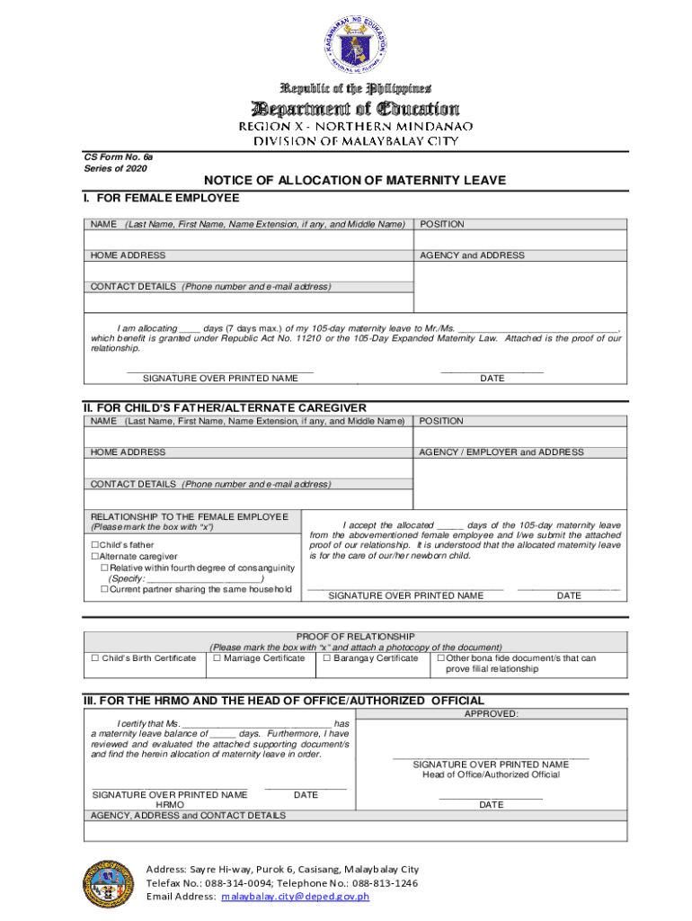 Fillable Online CS Form 6a - Notice of Allocation of Maternity Leave ...
