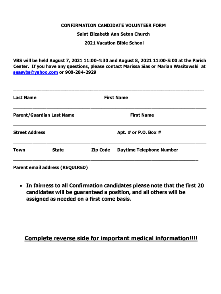 Fillable Online CONFIRMATION CANDIDATE VOLUNTEER FORM Saint Elizabeth ...