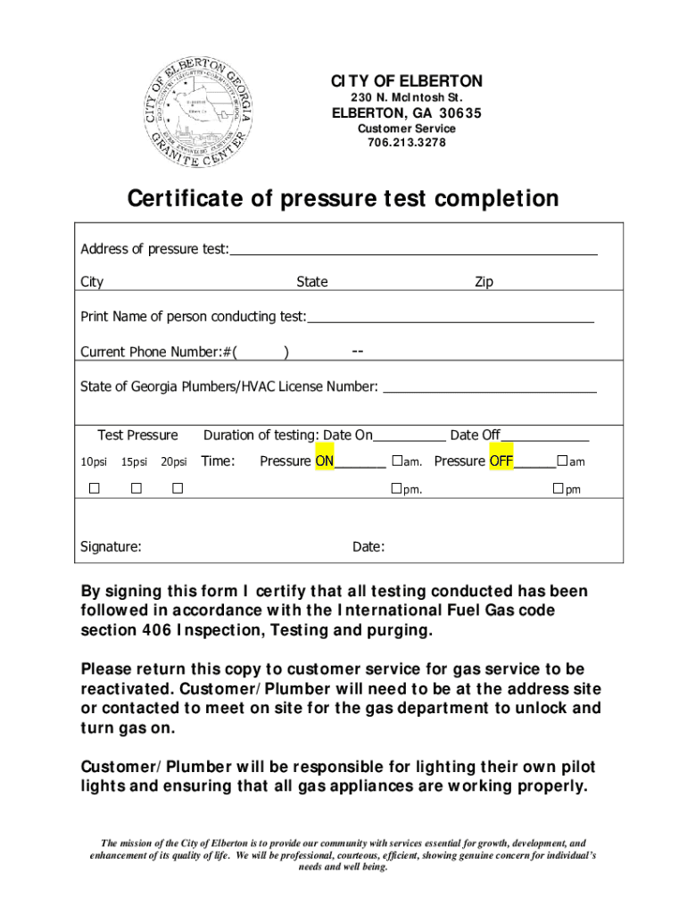 Fillable Online Pressure Test Certificate for contractors.doc Fax Email ...