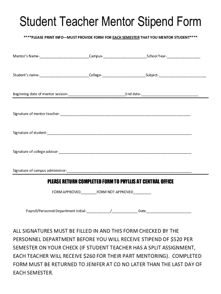 Fillable Online Student Teacher Mentor Stipend Form - esc11.net Fax ...