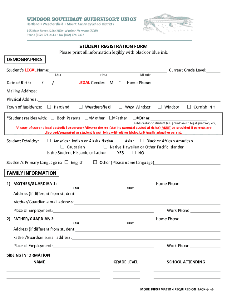 Fillable Online K-12 STUDENT REGISTRATION FORM WSESU Updated 10-1-21 ...