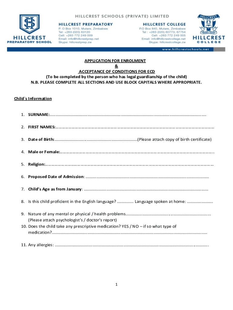 Fillable Online APPLICATION FOR ENROLMENT ACCEPTANCE OF CONDITIONS FOR ...