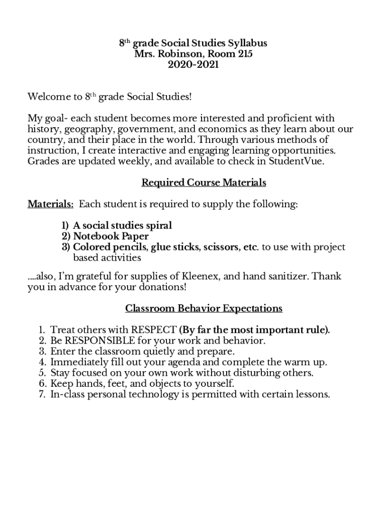 Fillable Online 8 grade Social Studies Syllabus grade Social Studies ...