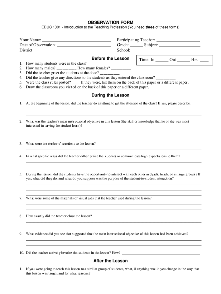 Fillable Online EDUC 1301 Observation Form Fax Email Print - pdfFiller