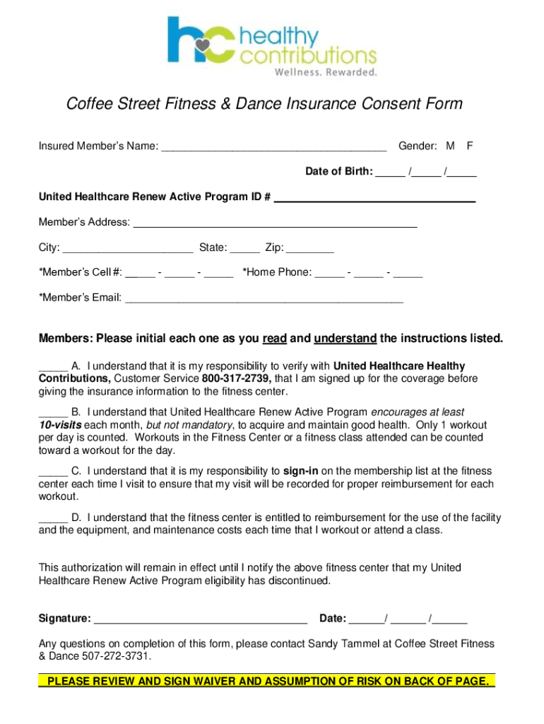 Fillable Online Coffee Street Fitness & Dance Insurance Consent Form ...