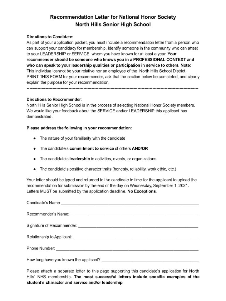 Fillable Online Sample Recommendation Letter For Student Honor Society ...