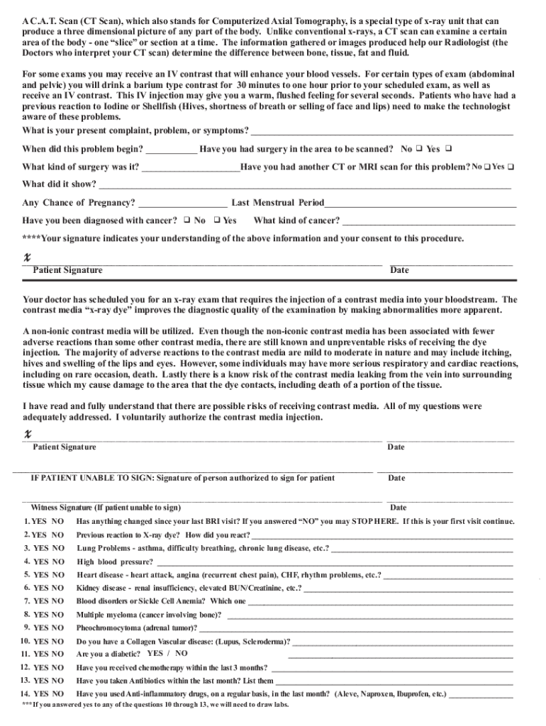 Fillable Online CT Scan (CAT Scan): Purpose, Procedure, Risks, Side ...