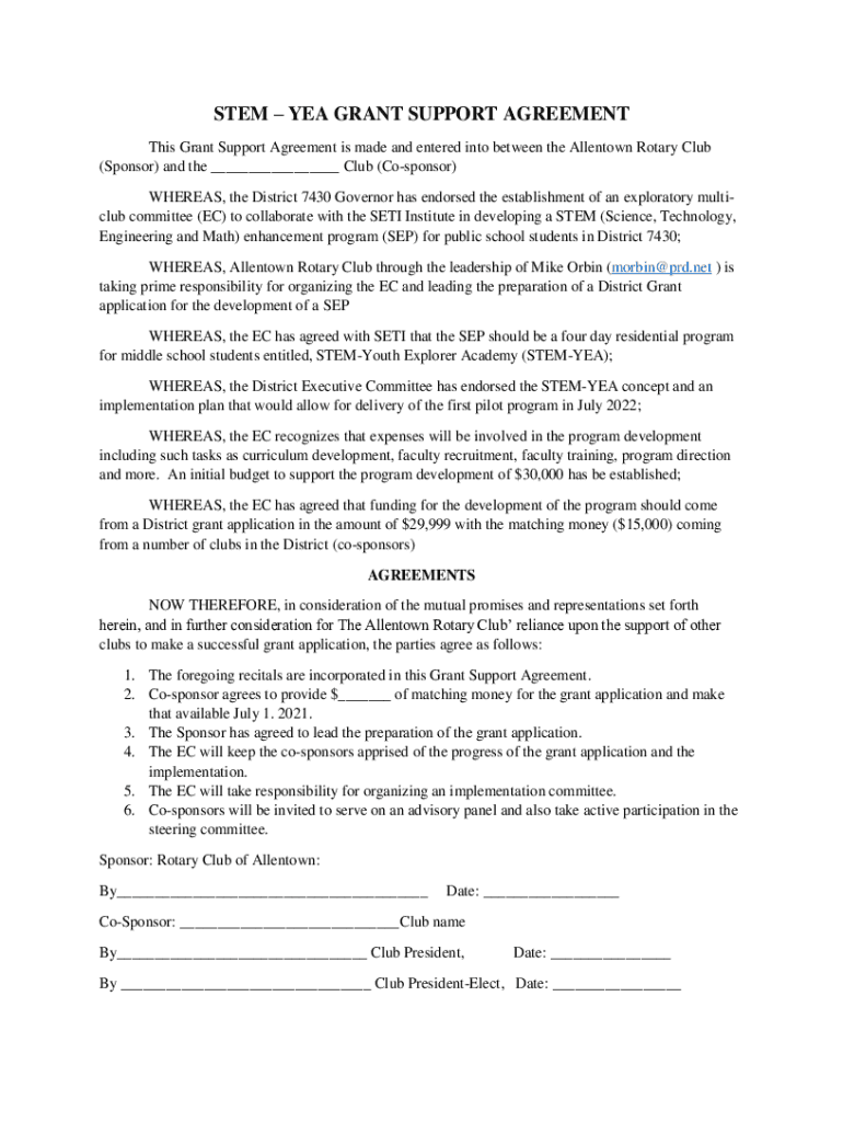 Fillable Online STEM YEA GRANT SUPPORT AGREEMENT Fax Email Print ...