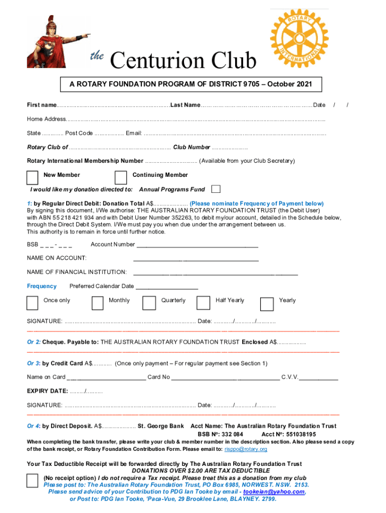Fillable Online D9705 Centurion Donation Form October 2021-22 Fax Email ...