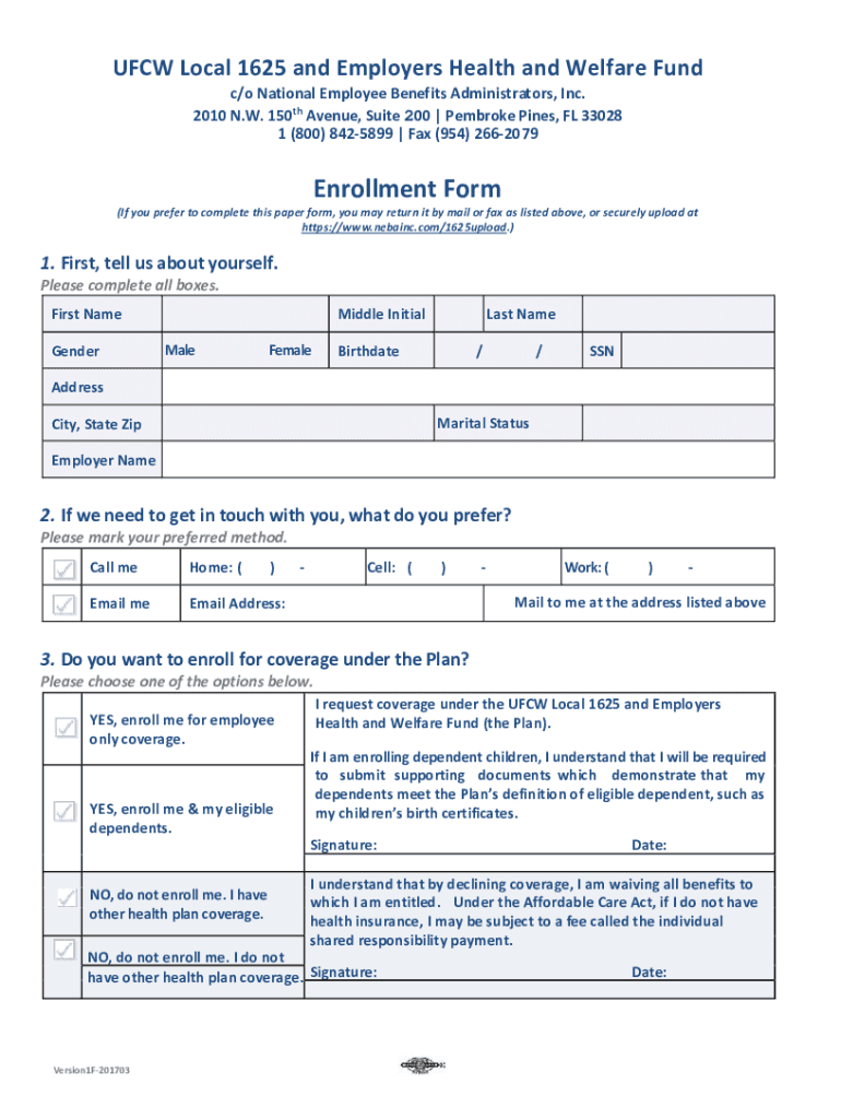Fillable Online Enrollment Form for UFCW 1625 with Return Instructions ...