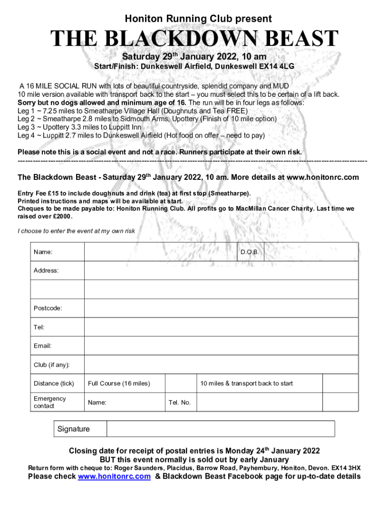Fillable Online Fillable Online Honiton Running Club present THE ...