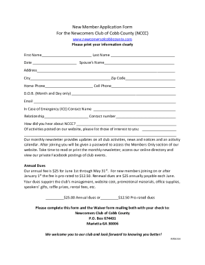 Fillable Online FINAL New Member Application Form - Newcomers of Cobb ...