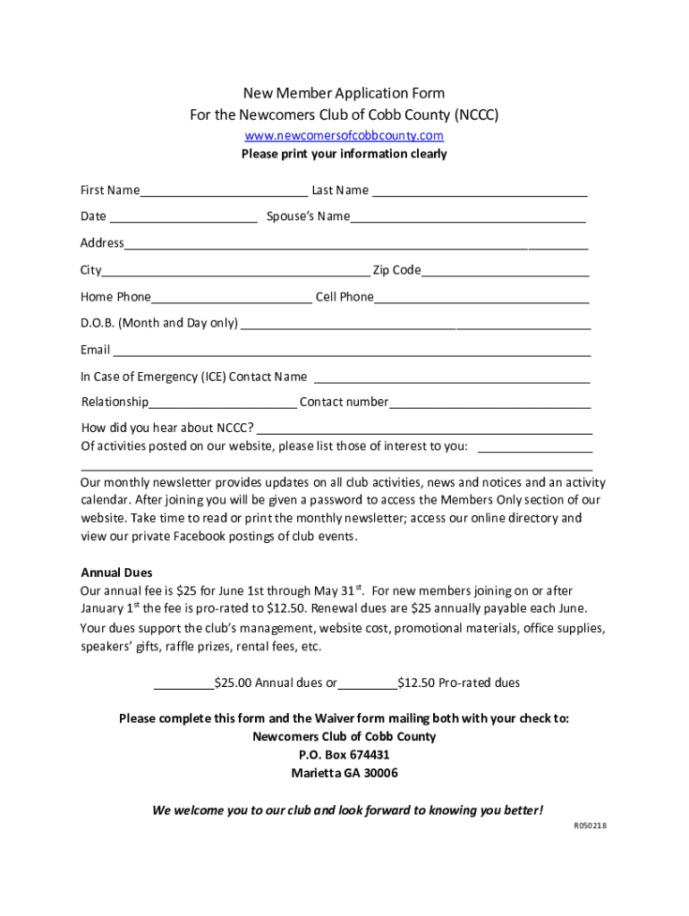 Fillable Online FINAL New Member Application Form - Newcomers of Cobb ...