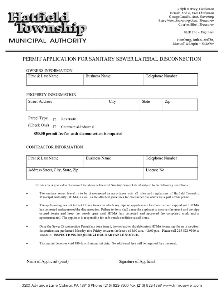 Fillable Online PERMIT APPLICATION FOR SANITARY SEWER CONNECTION Fax ...