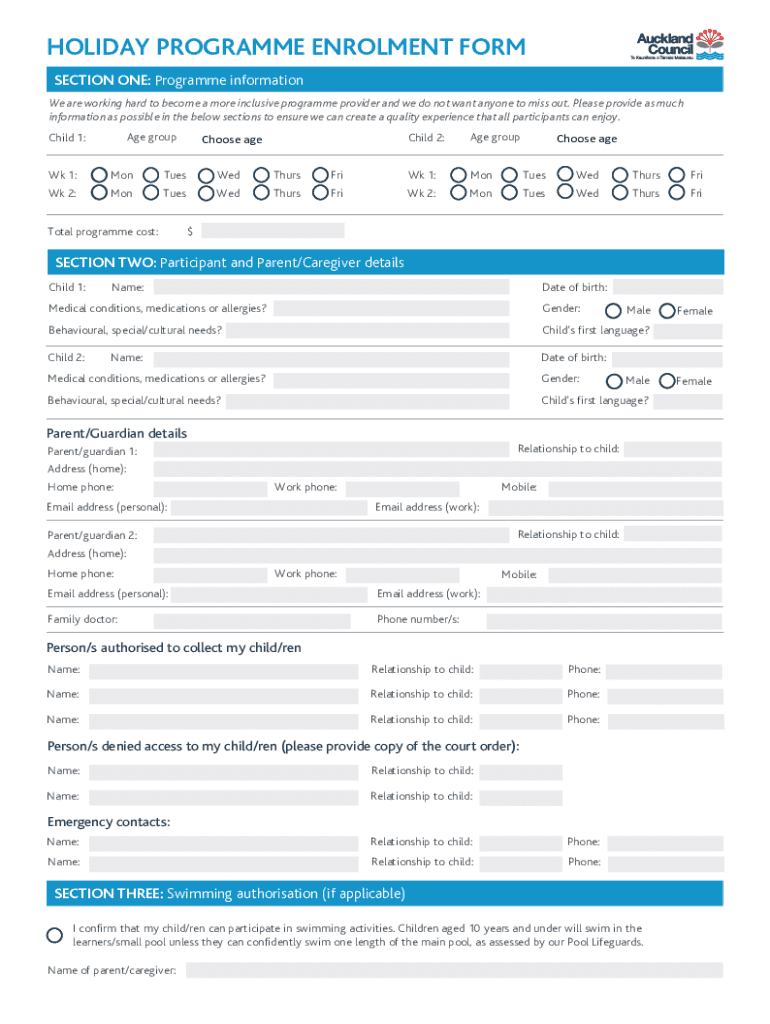 Fillable Online Howick Leisure Centre Holiday Programme enrolment form ...