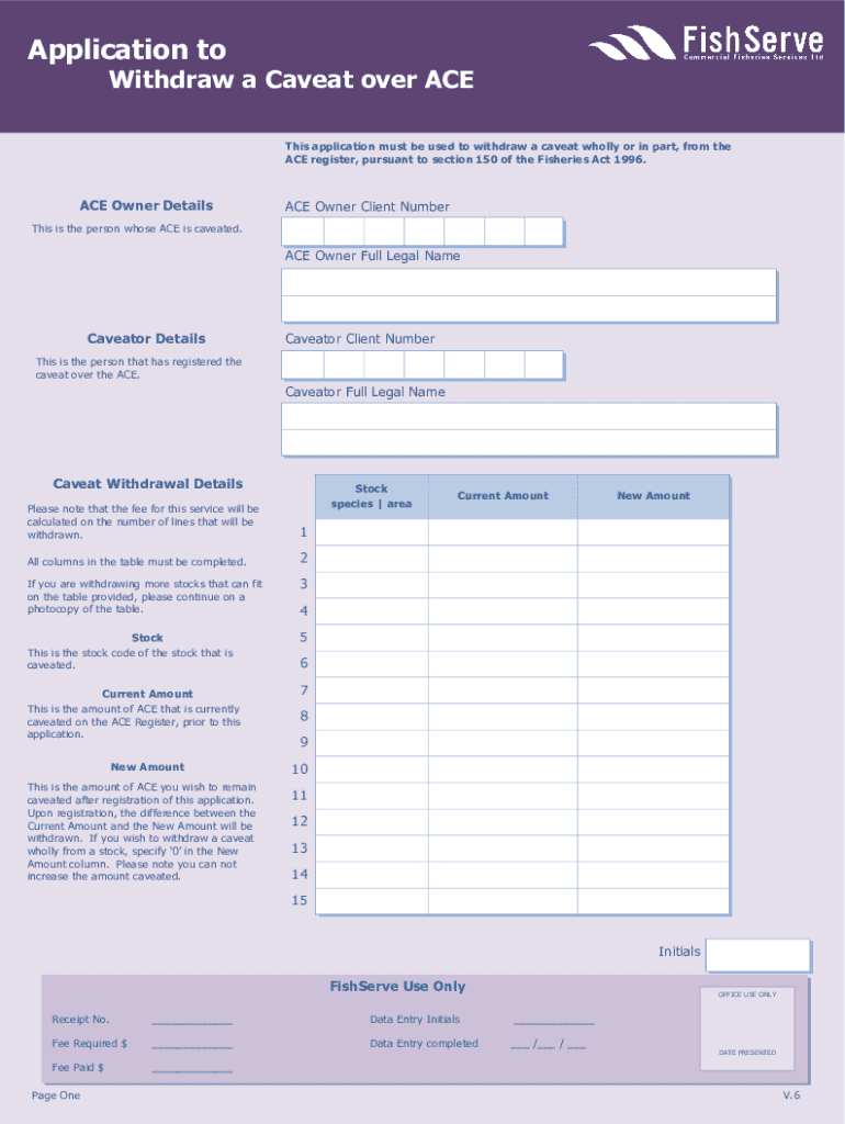 Fillable Online Application to Withdraw a Caveat over ACE Fax Email ...