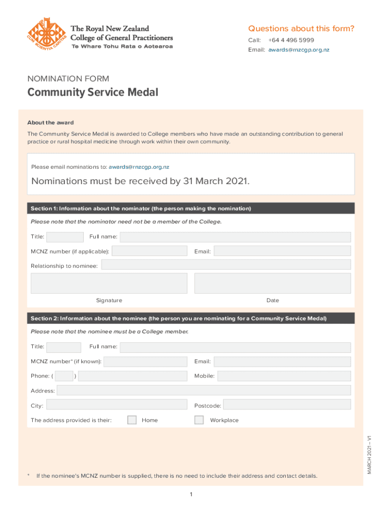 Fillable Online NOMINATION FORM Community Service Medal - RNZCGP Fax ...