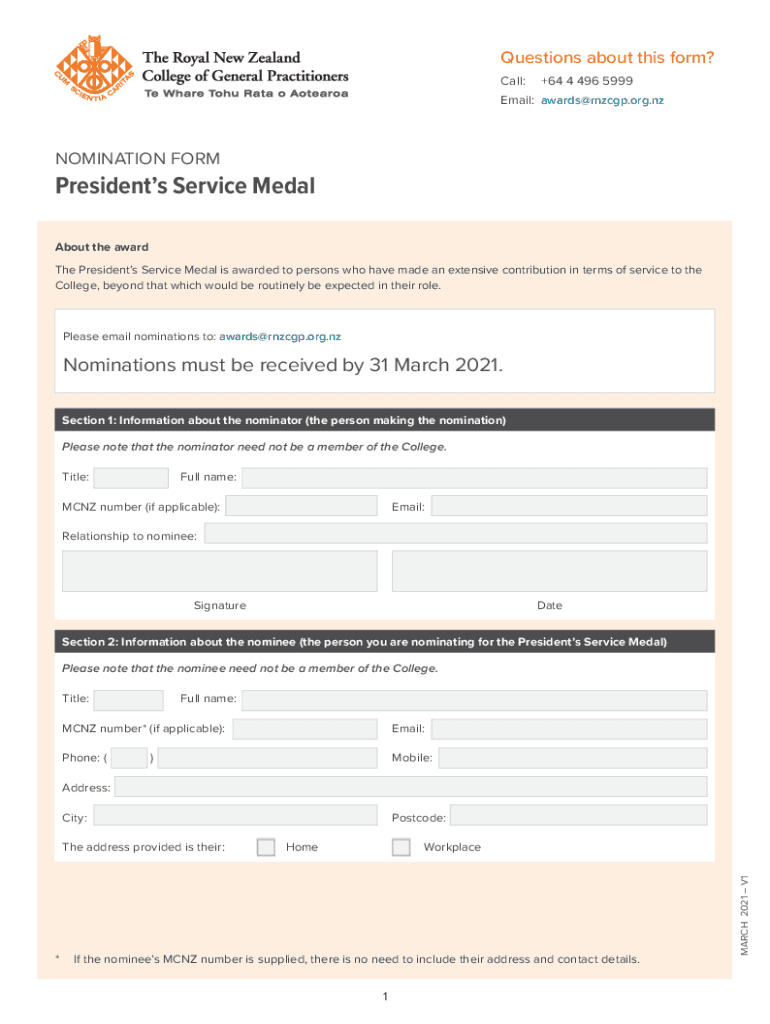 Fillable Online NOMINATION FORM Presidents Service Medal - RNZCGP Fax Email Print - pdfFiller