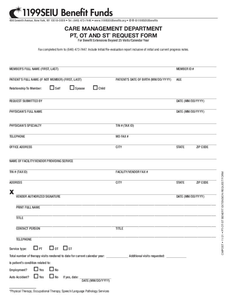 Fillable Online PT/OT/ST Benefit Extension Request Form1199SEIU Benefit ...