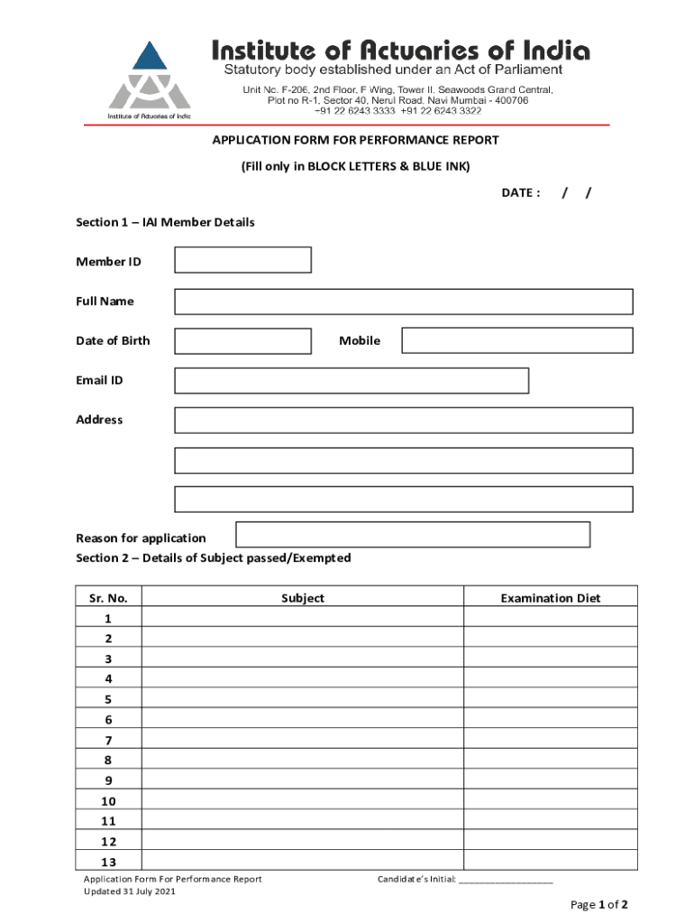 Fillable Online APPLICATION FORM FOR PERFORMANCE REPORT (Fill only in ...