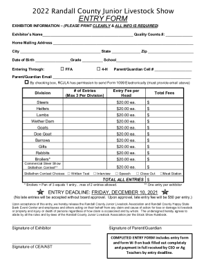 Fillable Online 2022 Randall County Junior Livestock Show ENTRY FORM ...