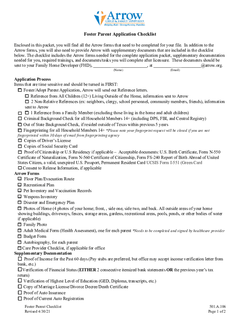 Fillable Online Foster Parent Application Checklist - Arrow Child ...