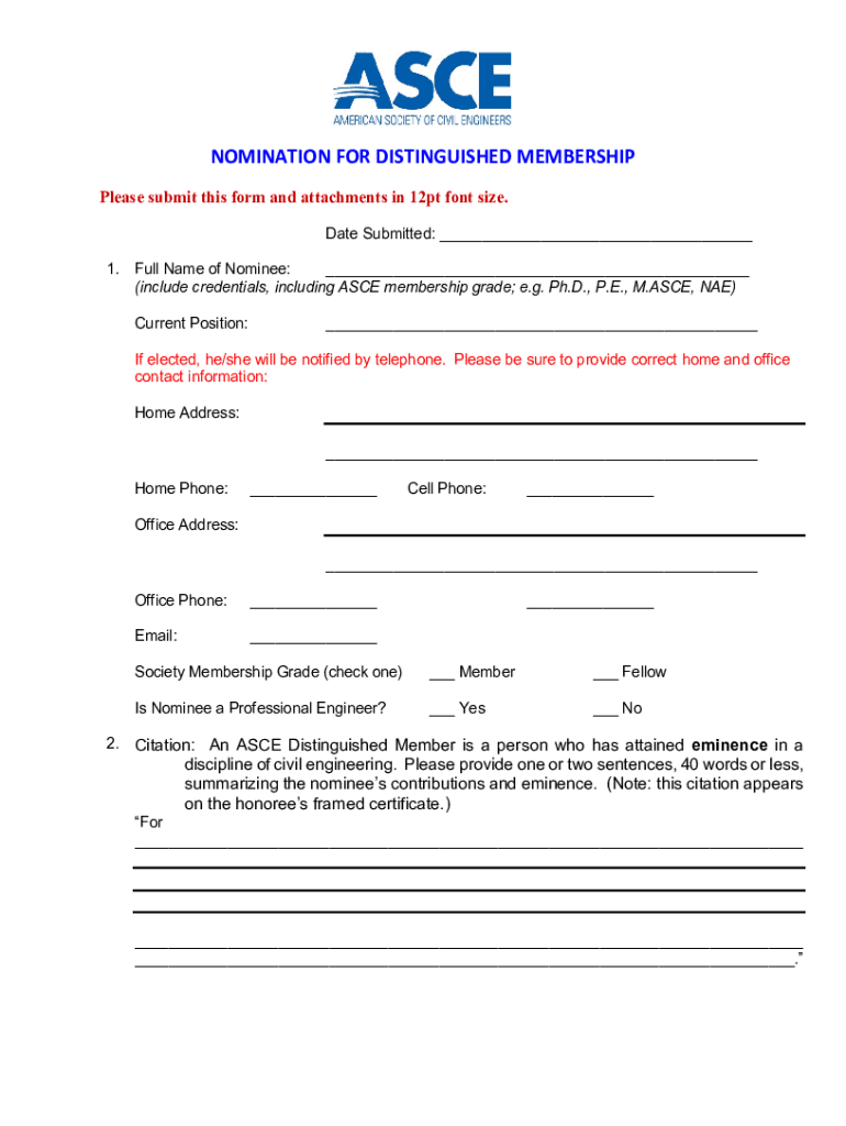 Fillable Online ASCE Distinguished Membership Nomination Form. ASCE Distinguished Membership ...