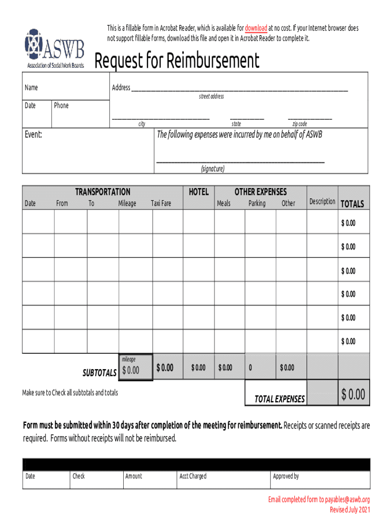 Fillable Online Reimbursement Form - ASWB Fax Email Print - pdfFiller