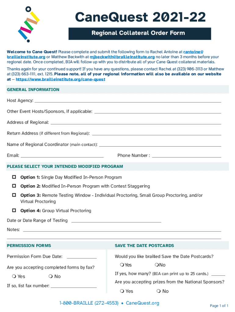 Fillable Online Cane Quest 2021-22 Regional Collateral Order Form Fax ...