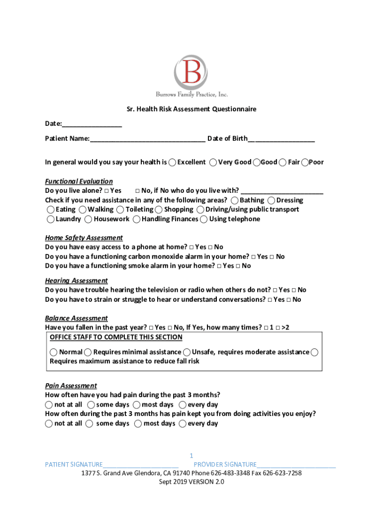Fillable Online Sr. Health Risk Assessment Questionnaire Patient Name ...