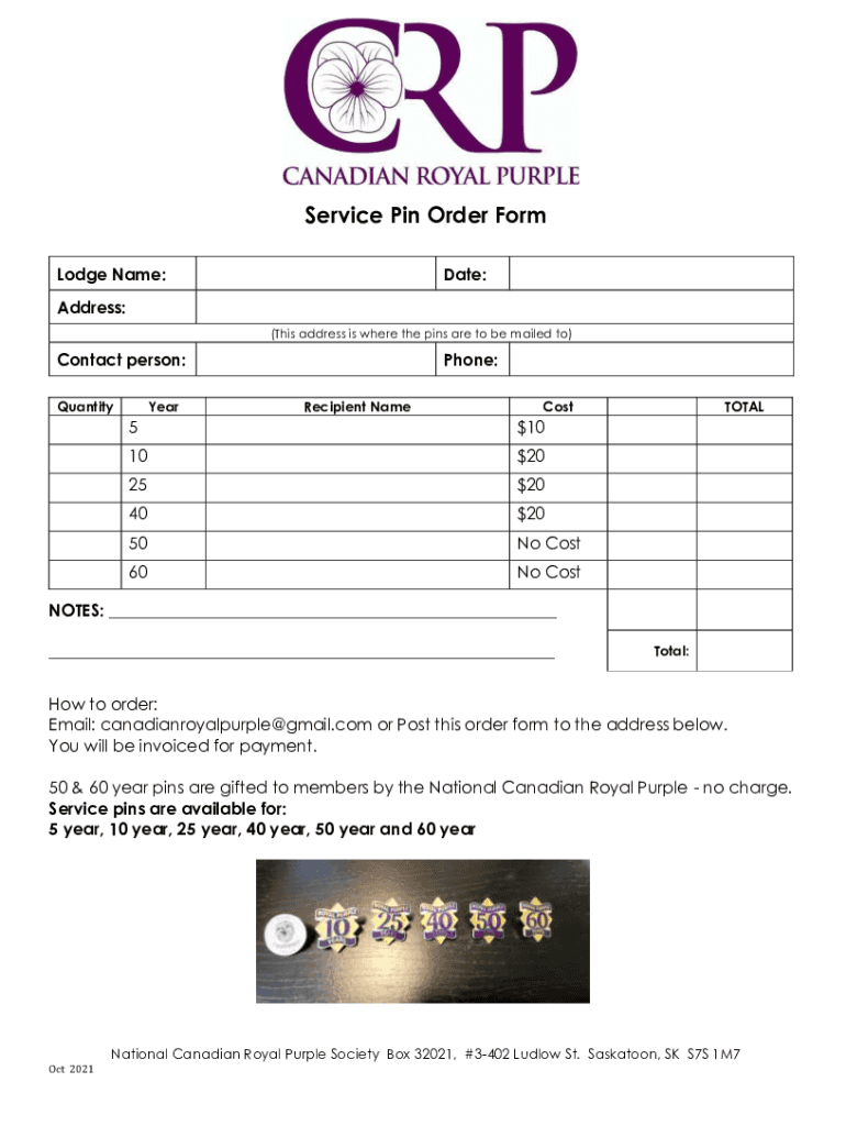 Fillable Online Service Pin Order Form - canadianroyalpurplesociety.org ...