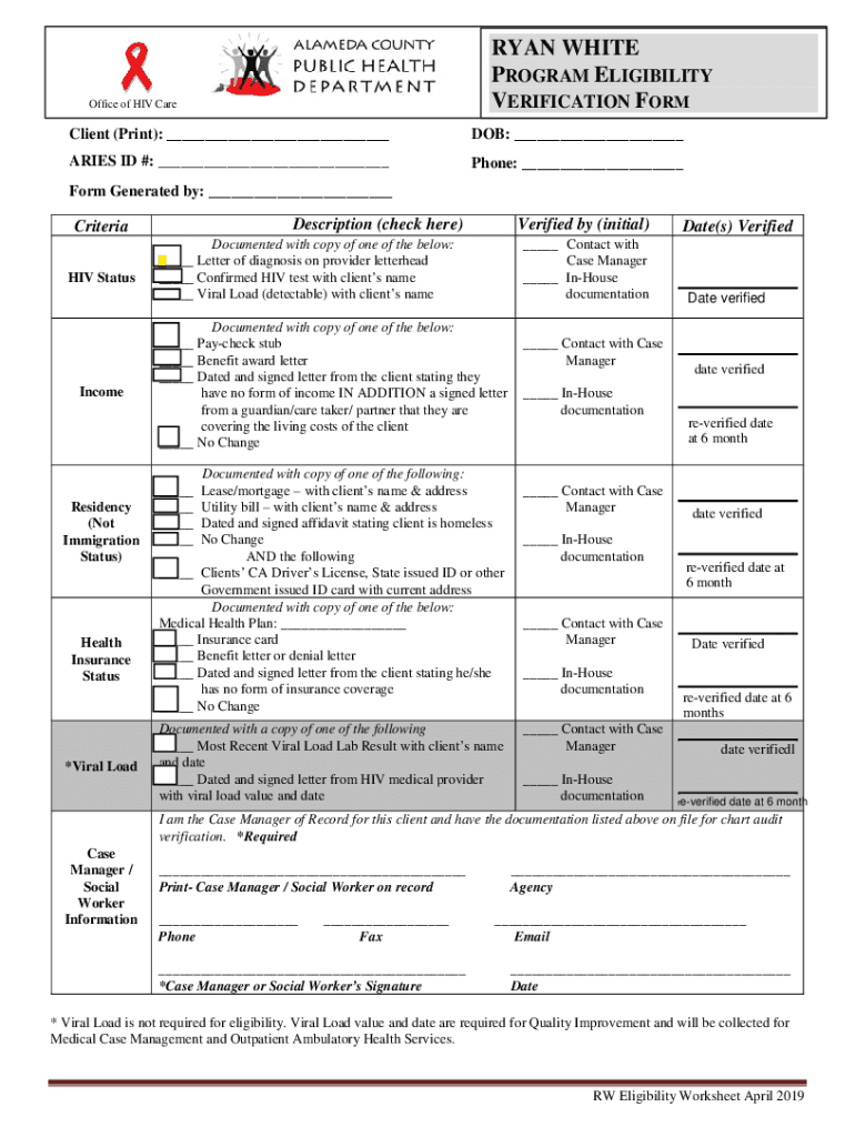 Fillable Online RYAN WHITE PROGRAM E Office of HIV Care VERIFICATION F ...