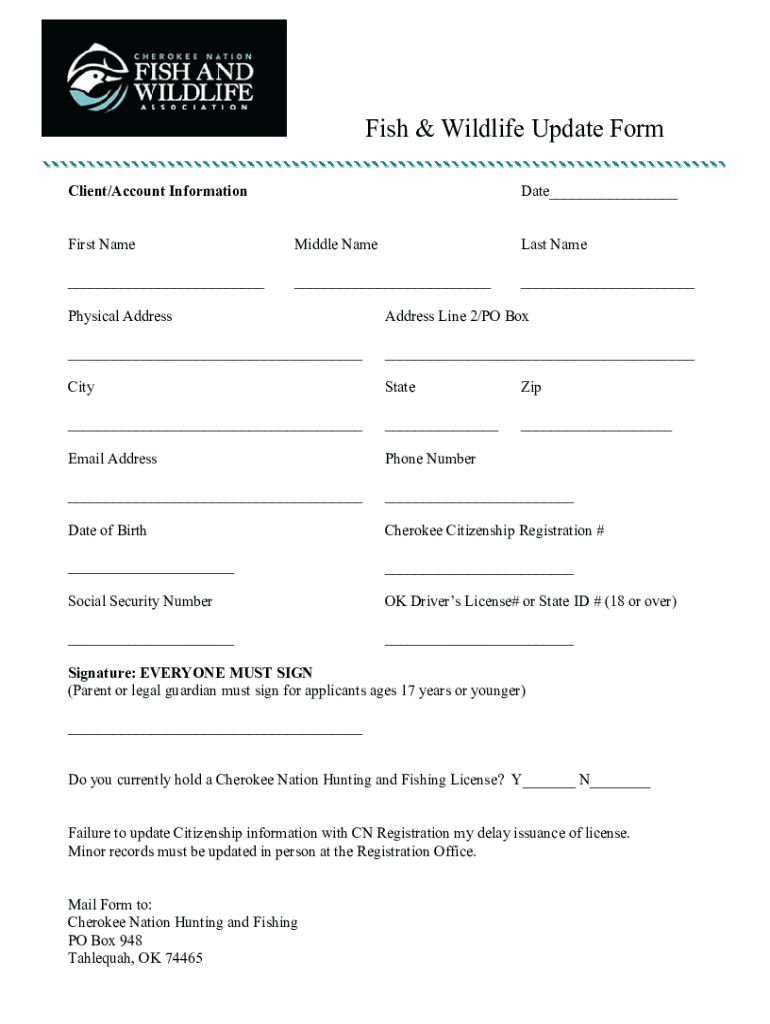 Fillable Online Fillable Online Fish & Wildlife Update Form - Cherokee ...