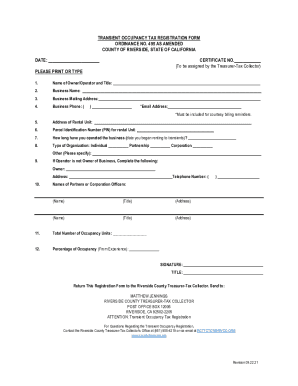 Fillable Online TRANSIENT OCCUPANCY TAX REGISTRATION FORM ORDINANCE NO ...