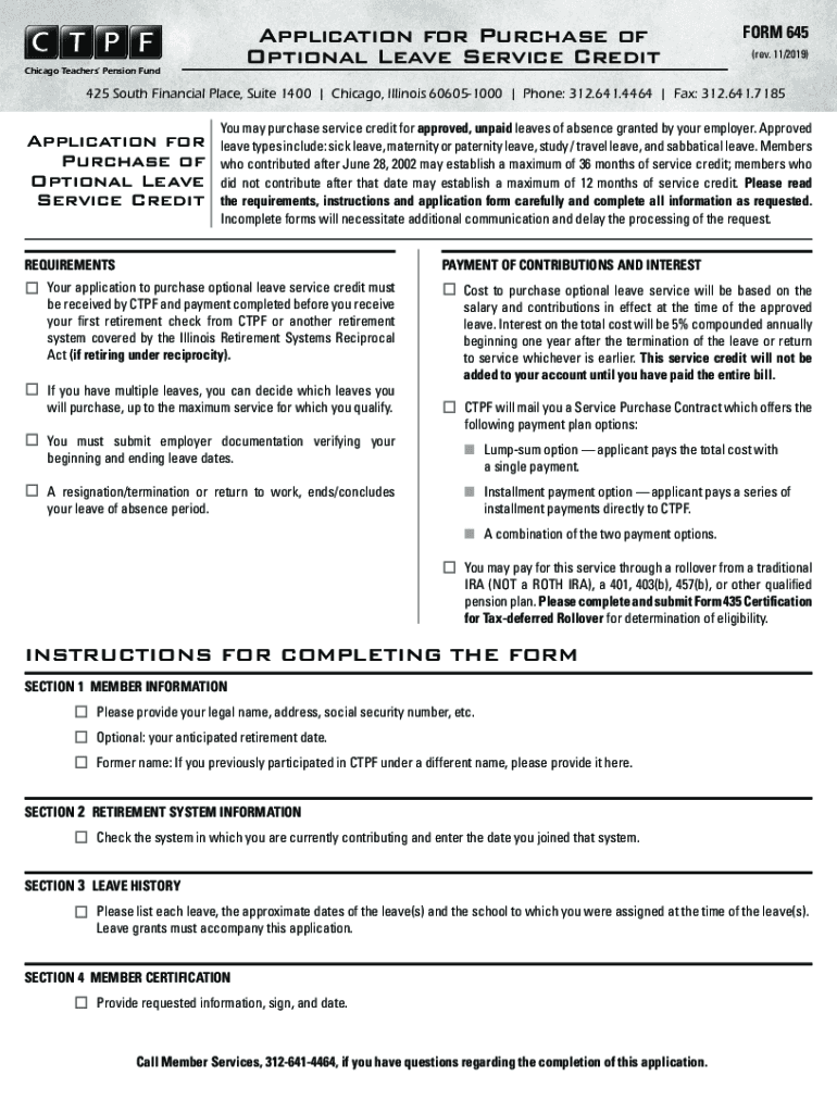 Fillable Online P Application for Purchase of FORM 645 Optional Leave ...