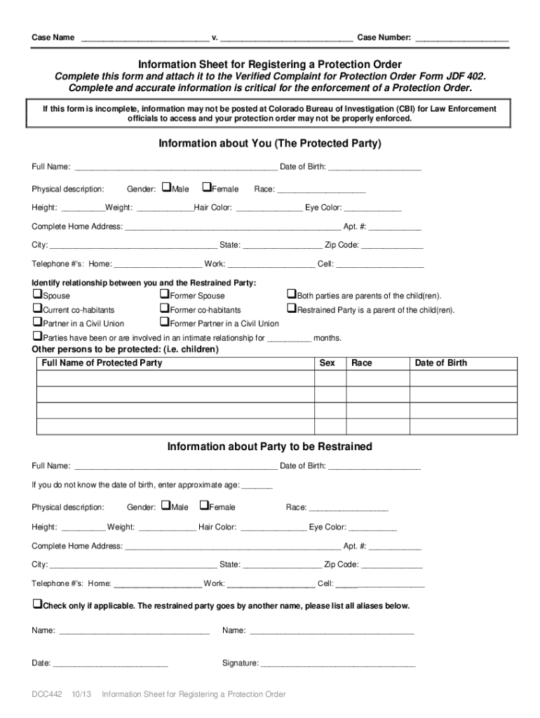 Fillable Online Justia :: Information Sheet For Registering A Protection ... Fax Email Print ...
