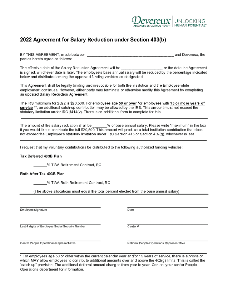 Fillable Online learn devereux 2022 Agreement for Salary Reduction ...