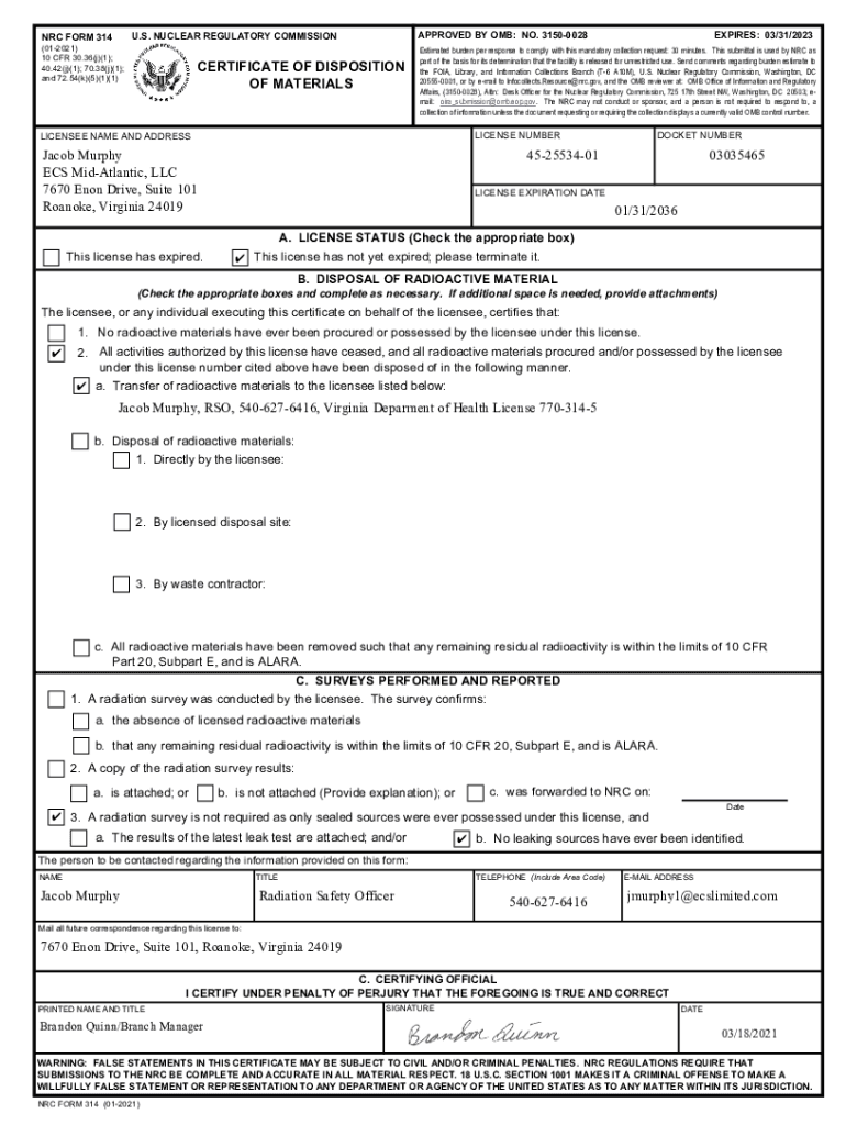 Fillable Online ECS Mid-Atlantic, LLC; Termination Request, NRC Form ...