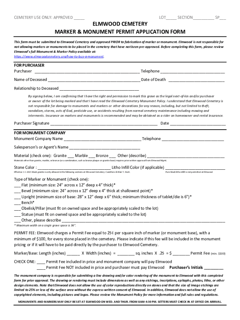 Fillable Online Romulus Memorial Cemetery Monument Installation Permit ...