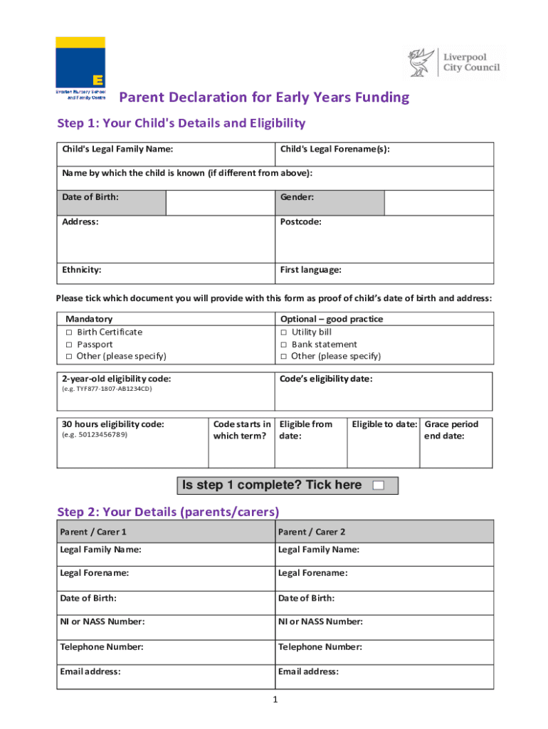 Fillable Online Early Years Parent Declaration Form Fax Email Print ...