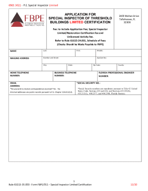 Fillable Online APPLICATION FOR 2639 N. SPECIAL INSPECTOR OF THRESHOLD ...