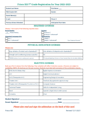 Fillable Online 7th Grade Course Request Card - Frisco Independent School ... Fax Email Print ...