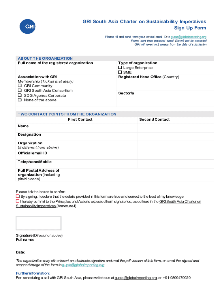 Fillable Online GRI South Asia Charter on Sustainability Imperatives ...