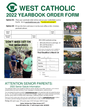 Fillable Online 2021 YEARBOOK ORDER FORM - West Catholic High School ...