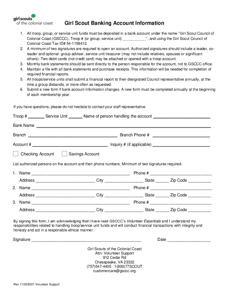 Fillable Online Troop Checking Account Information - Girl Scouts of the ...
